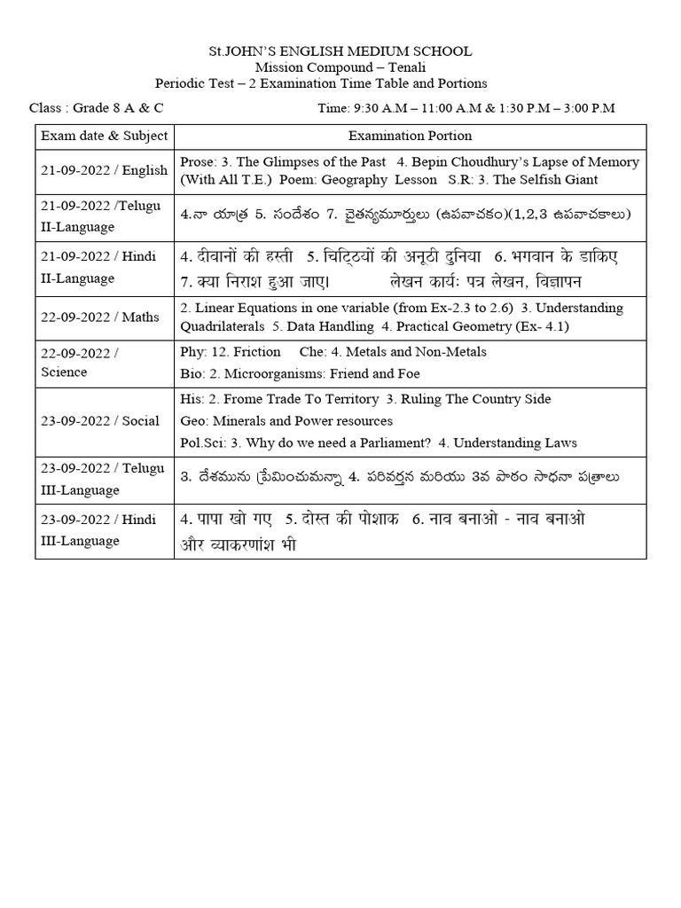 P.t-2 CBSE G8 A & C Timetable With Portion-2022-23 Kassak | PDF