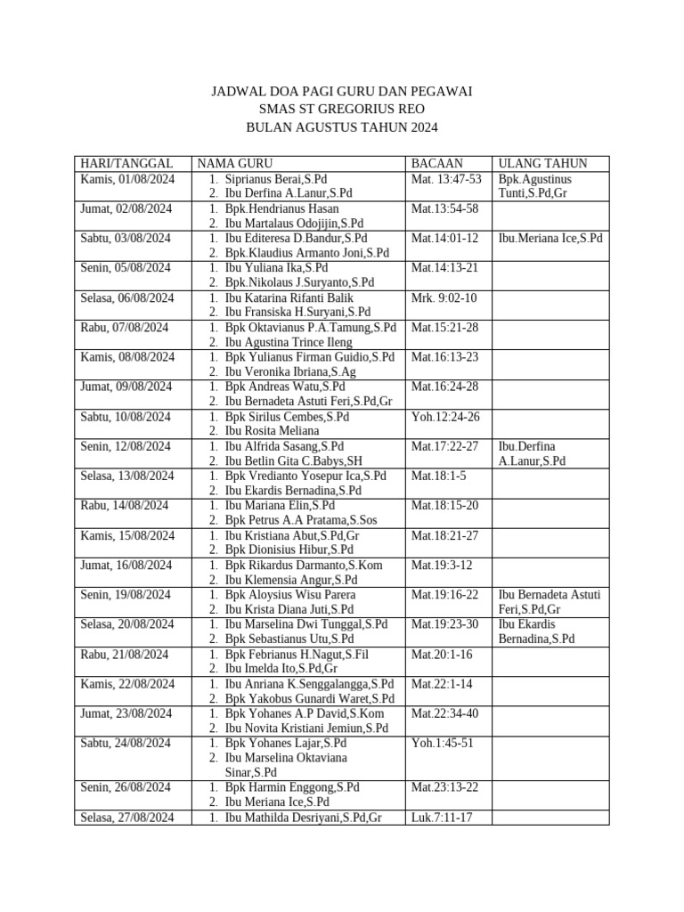 Jadwal Doa Pagi Agustus 2024 SMAS St. Gregorius | PDF