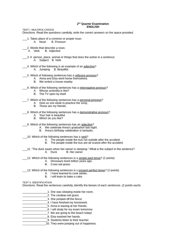 English test questions | PDF | Pronoun | Verb