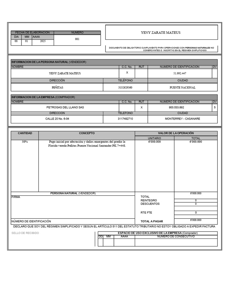 Formato Cuenta de Cobro Peñitas 7+448 | PDF