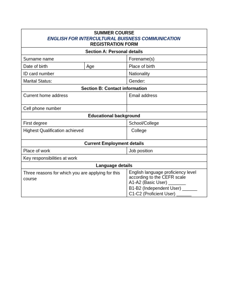 English Business Course Registration Form | PDF