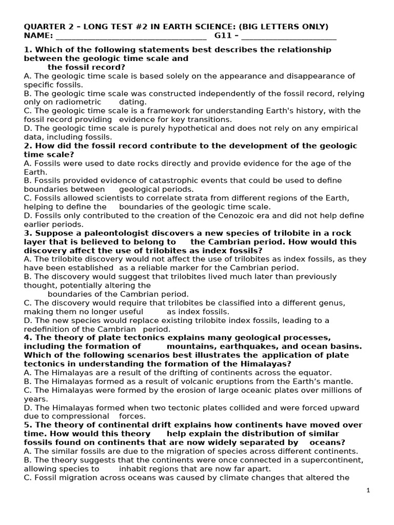 Earth Science Q2 Test: Geologic Time & Fossils | PDF | Seabed | Fossil