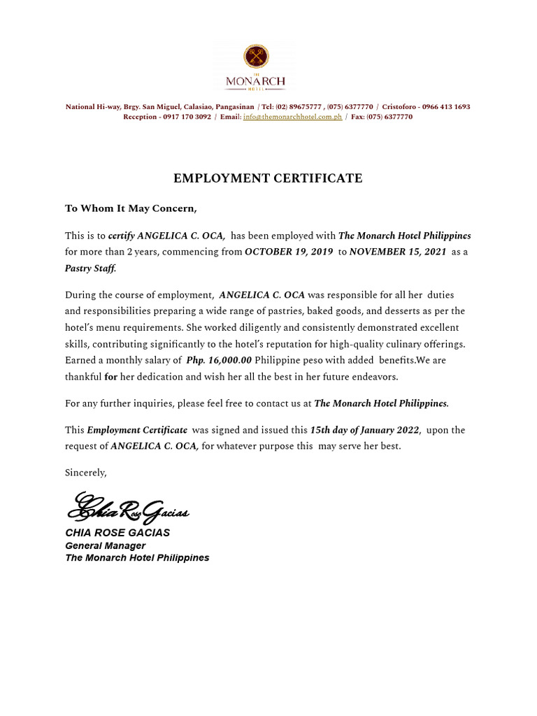 COE-The Monarch Hotel-Angelica C. Oca | PDF