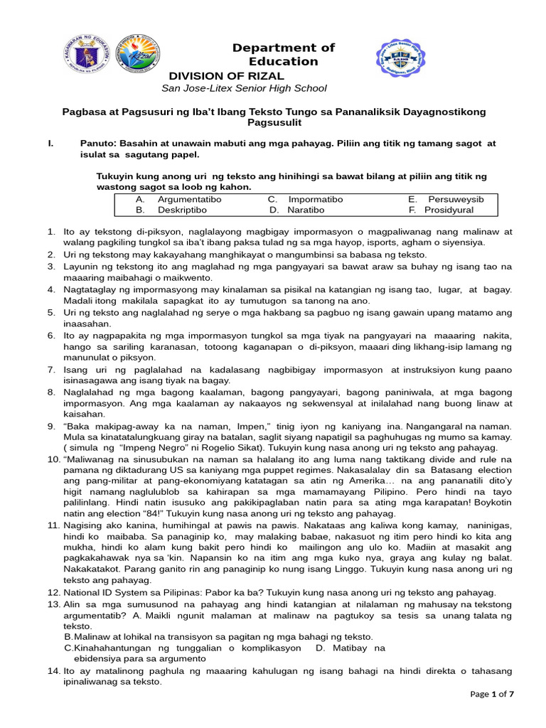 Diagnostic Exam Exam Pagbasa at Pagsusuri 2 Copy | PDF
