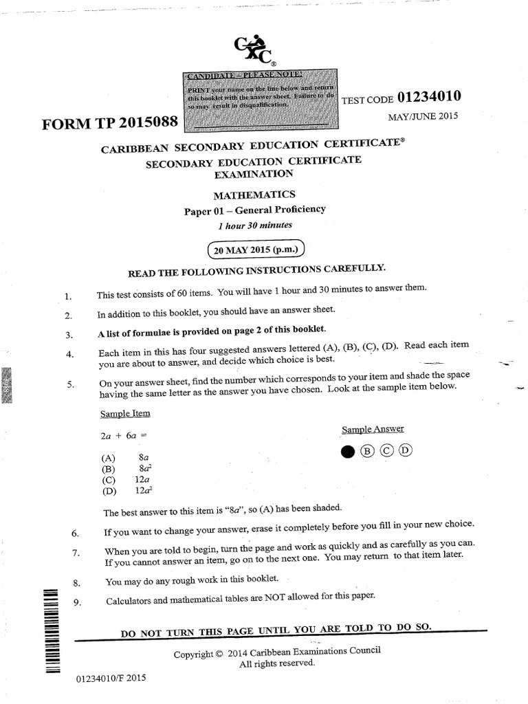 CSEC Mathematics P1 2015 MJ | PDF
