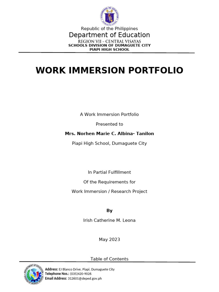 Work Immersion Portfolio Guide | PDF
