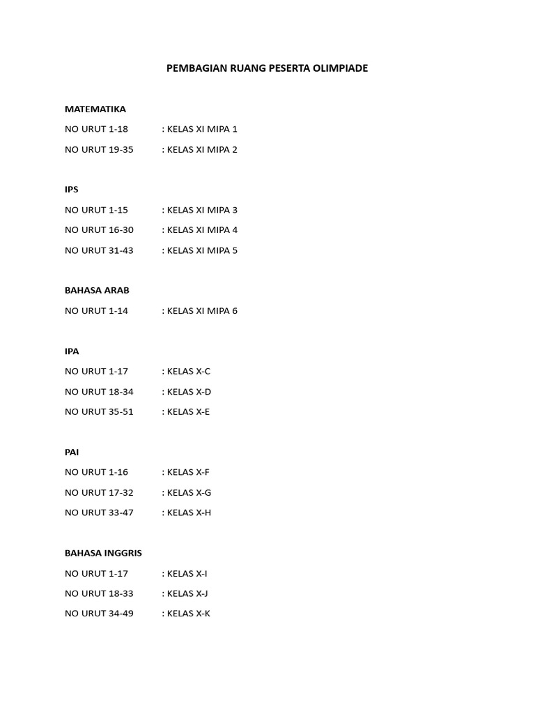 Pembagian Ruang Peserta Olimpiade | PDF