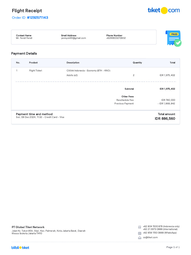 Citilink Flight Ticket Receipt Details | PDF