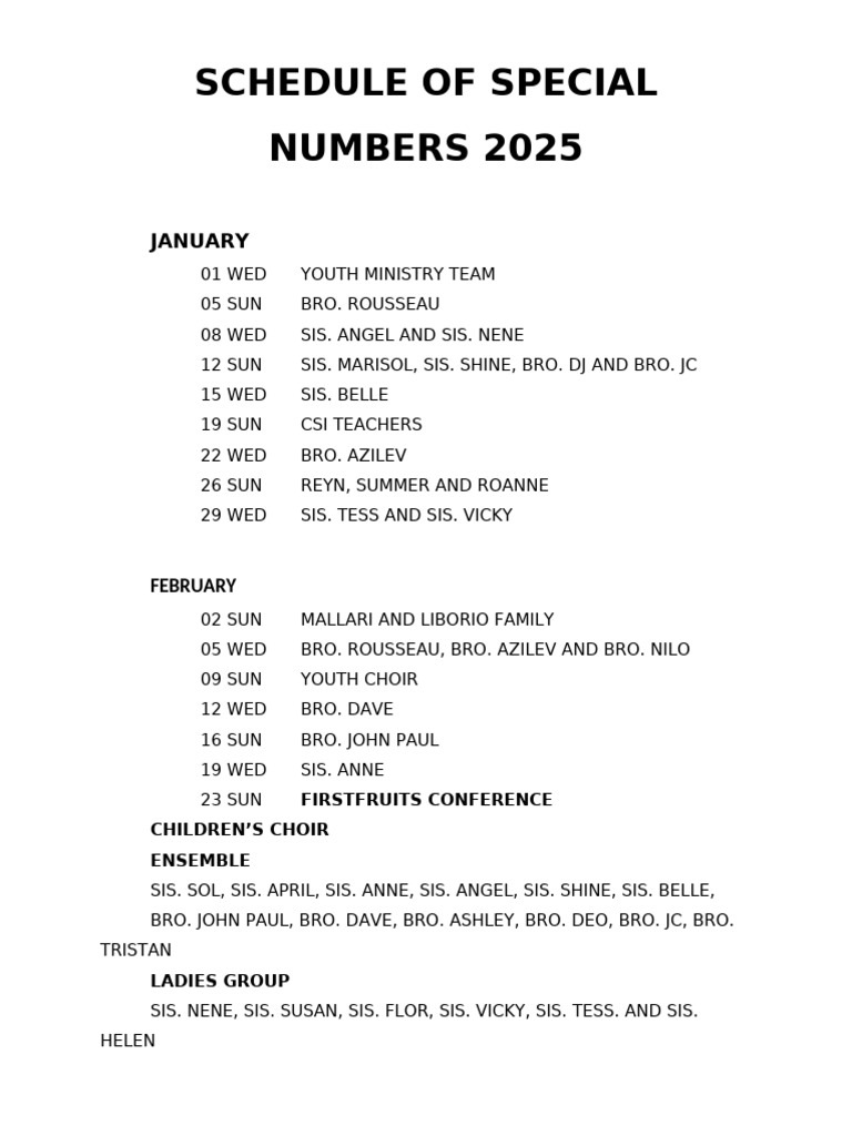 2025 Special Numbers Schedule | PDF