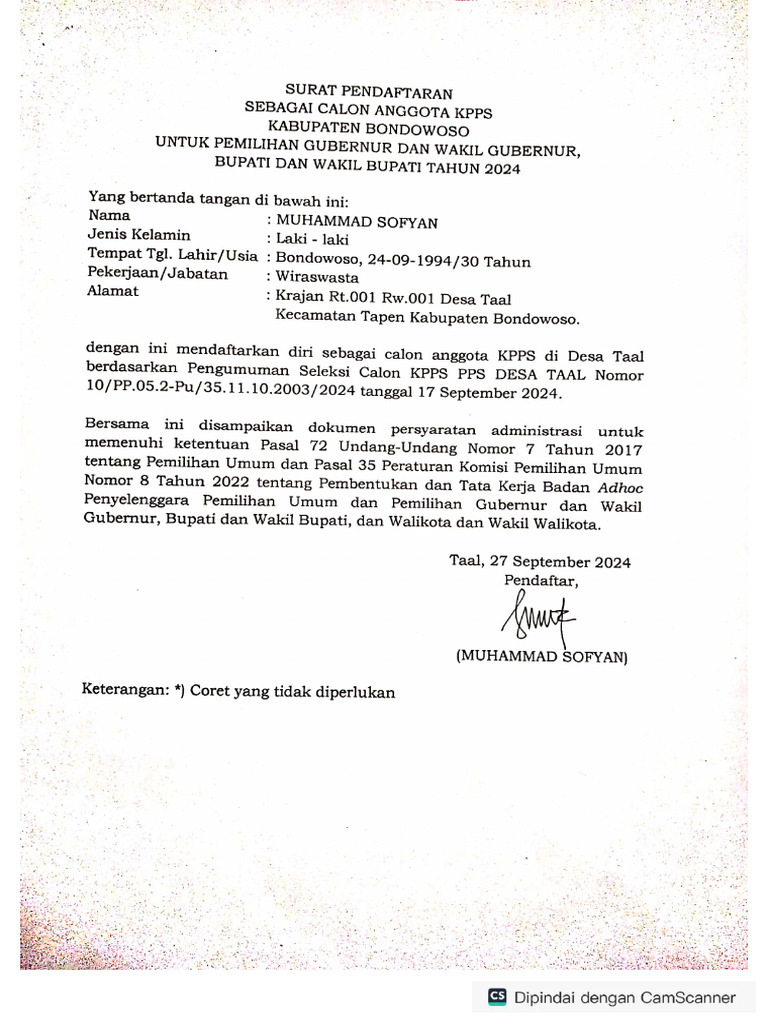 Surat Pendaftaran Kpps 2024 | PDF