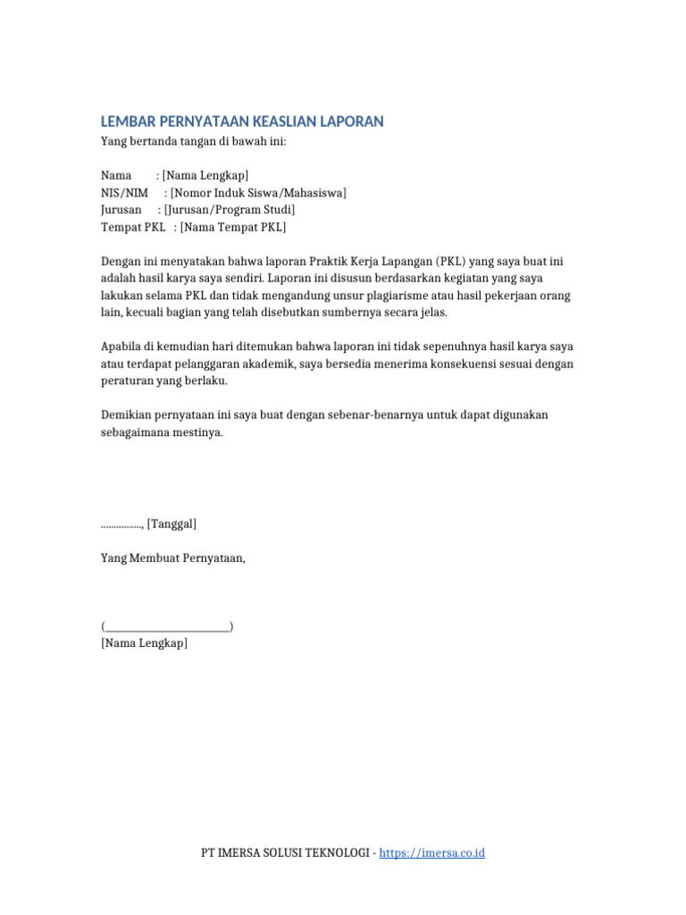Contoh Lembar Pernyataan Keaslian Laporan PKL | PDF