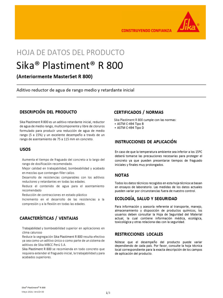 Sika Plastiment R 800 Anteriormente MasterSet R 800 | PDF | Hormigón