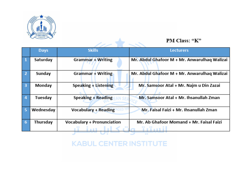 Timetable For Pelc Class | PDF