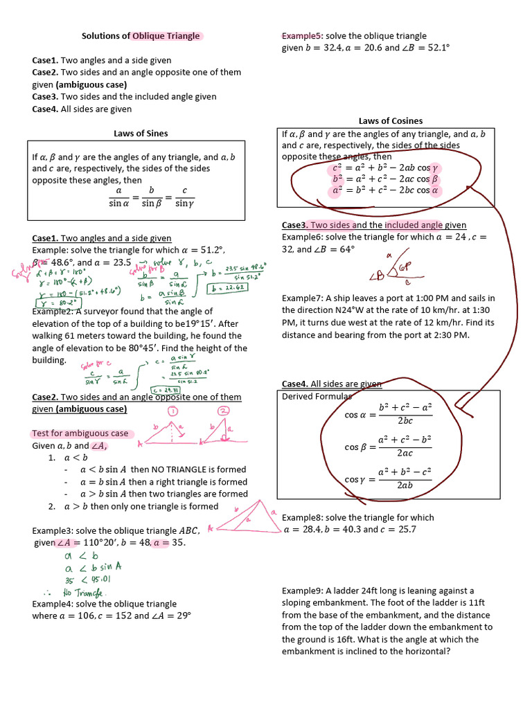 Handout Oblique Triangle Sine Law Cosine Law 240601 202701 | PDF ...