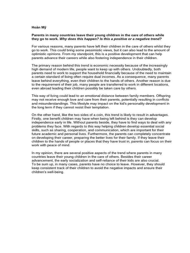 Wri Task 2 - Parents Leave Their Young Children | PDF | Psychology | Behavioural Sciences