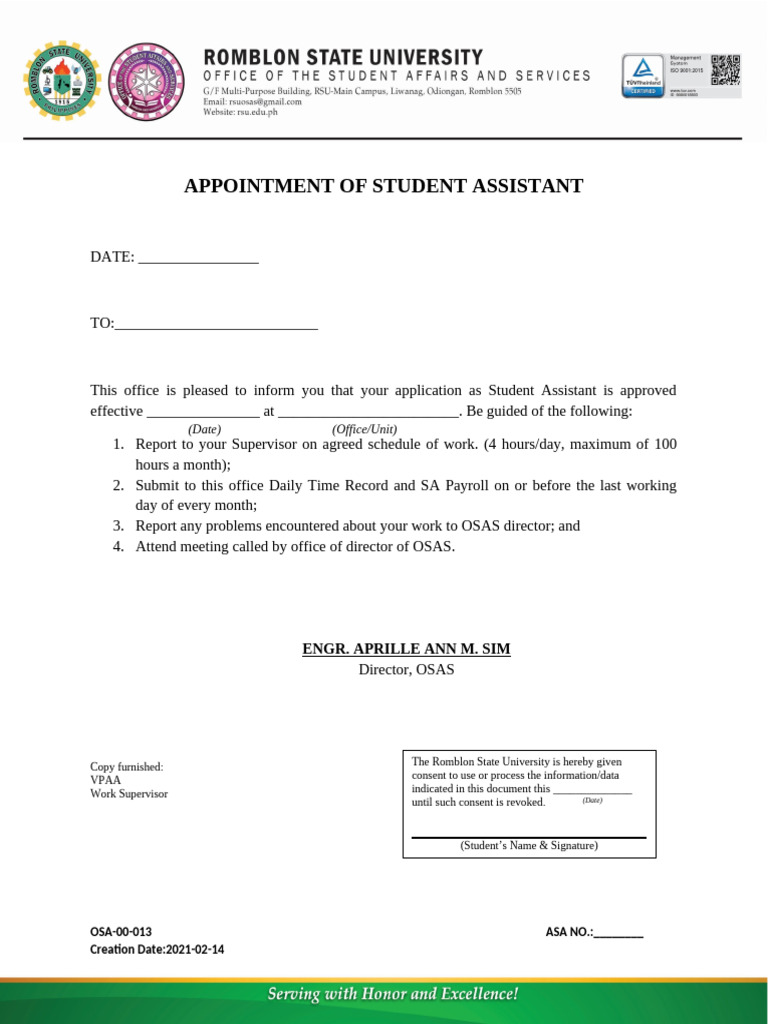 Osa-00-013-Appointment of Student Assistant Form | PDF