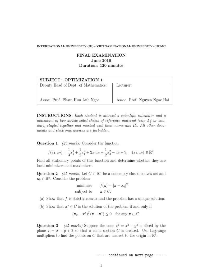 Optim 1 Final Exam June 2016 | PDF | Mathematical Concepts | Mathematical Optimization
