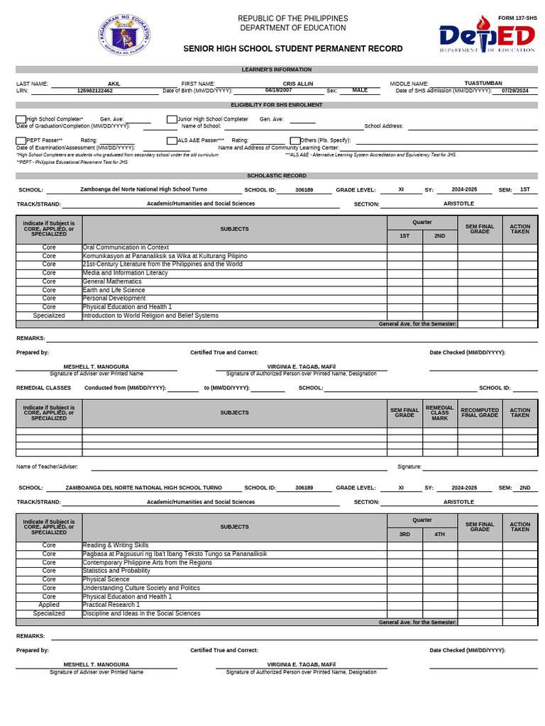 Form 137-Male | PDF | Middle Schools | Curriculum