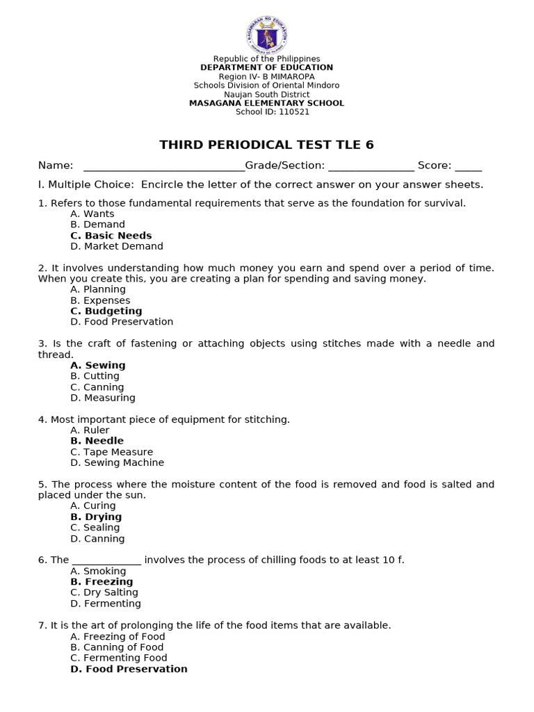 TLE 6 Periodical Test on Home Economics | PDF | Food And Drink ...