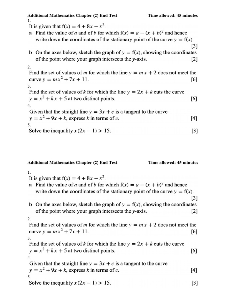 Additional Mathematics Chapter 2 End Test | PDF