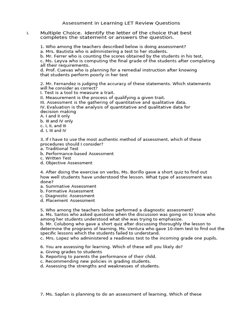 Assessment in Learning LET Review Questions | PDF | Educational ...