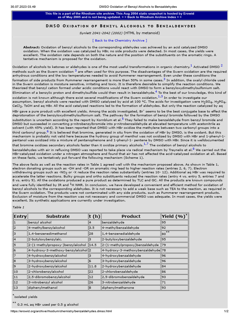 DMSO Oxidation of Benzyl Alcohols to Benzaldehydes | PDF | Aldehyde ...