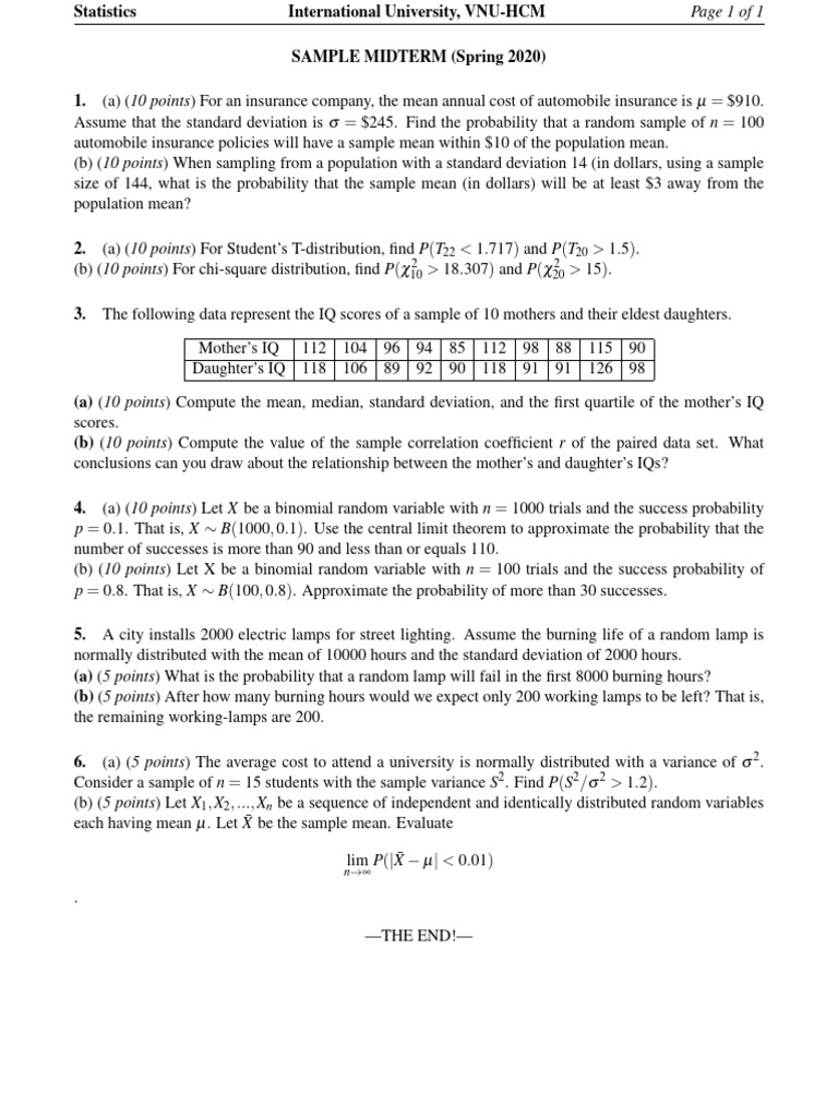 Stat - Midterm - Spring2020 - Questions Only | PDF | Normal Distribution | Standard Deviation