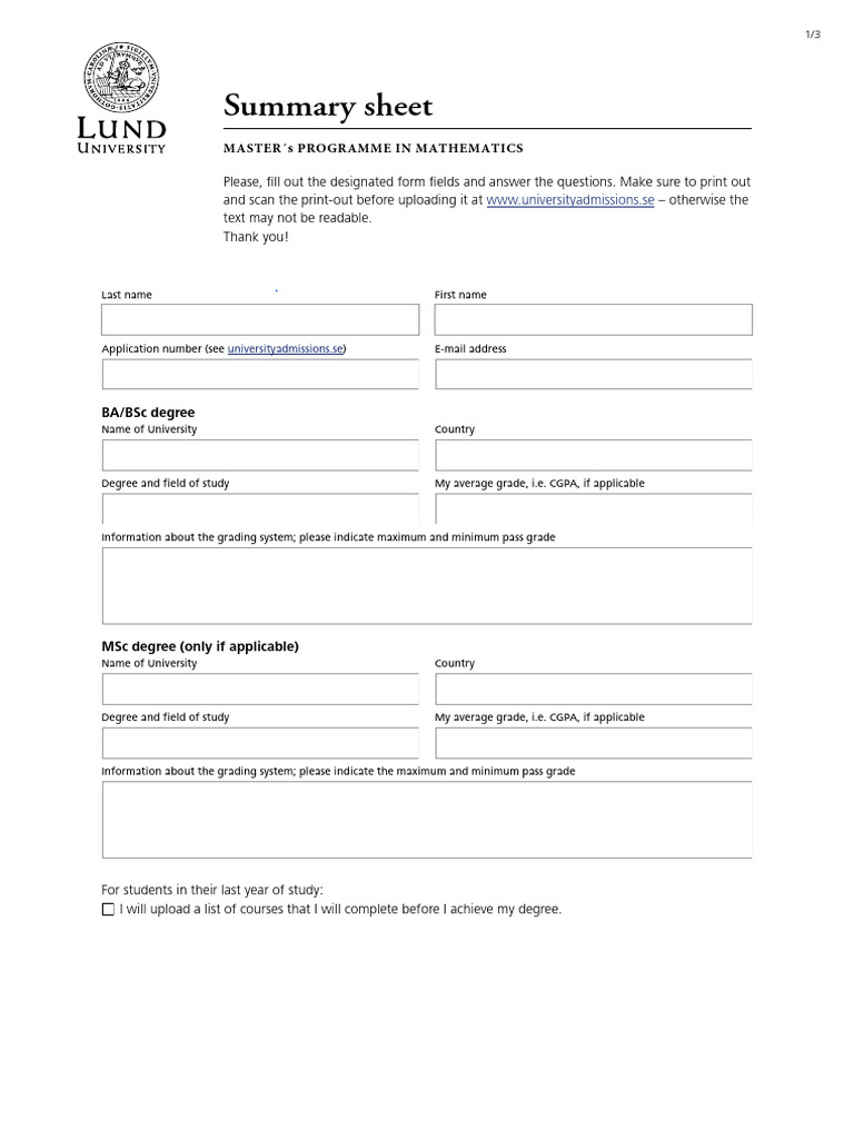 Summary Sheet, Master's Programme in Mathematics LUND | PDF