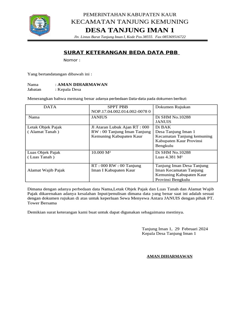 Surat Keterangan Beda Data PBB | PDF