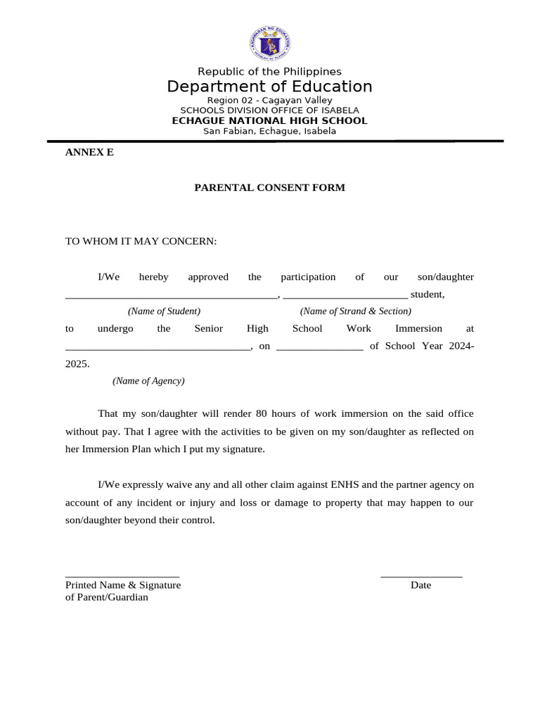 Parental Consent Form for Work Immersion | PDF