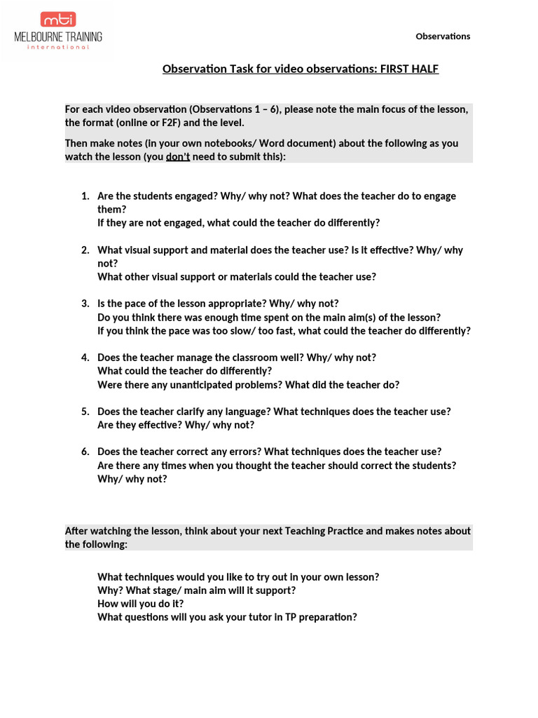 Video Observation Tasks FIRST HALF | PDF