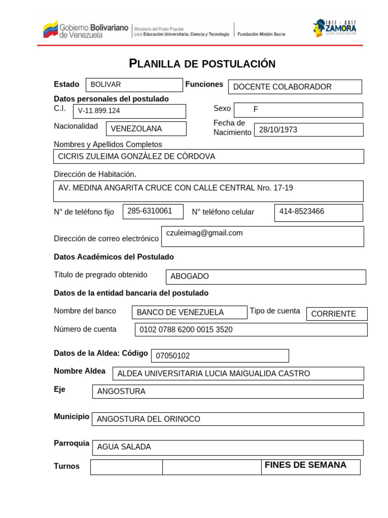 Planilla de Postulación | PDF
