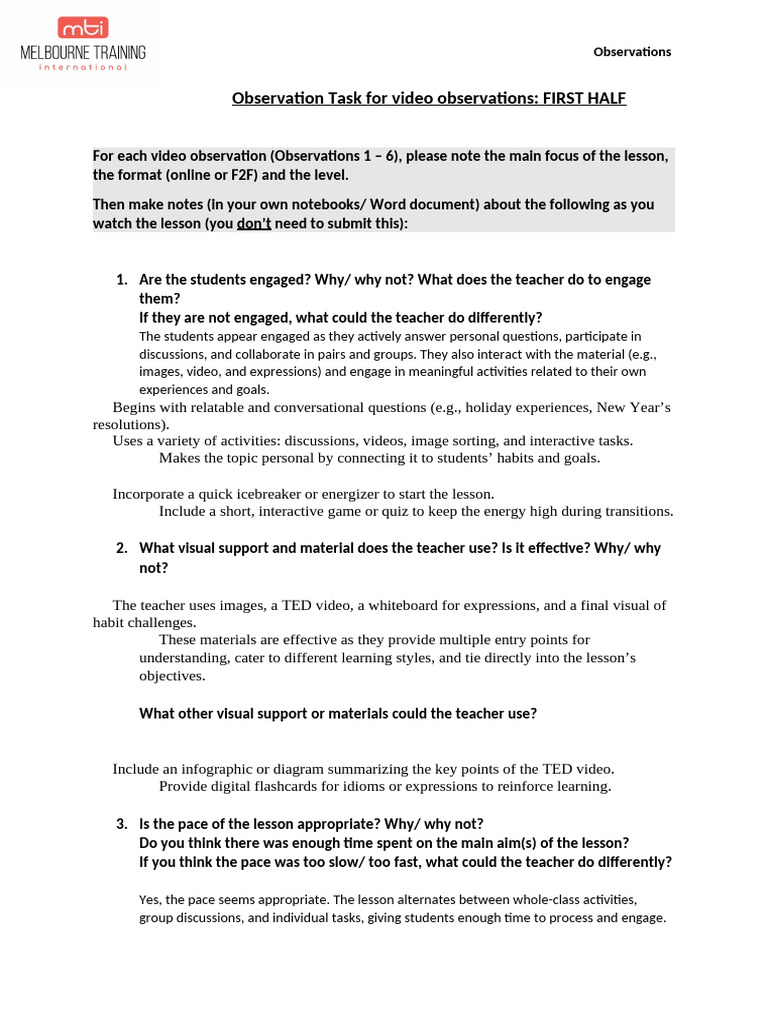 Video Observation LISTENING | PDF | Teachers | Reading Comprehension