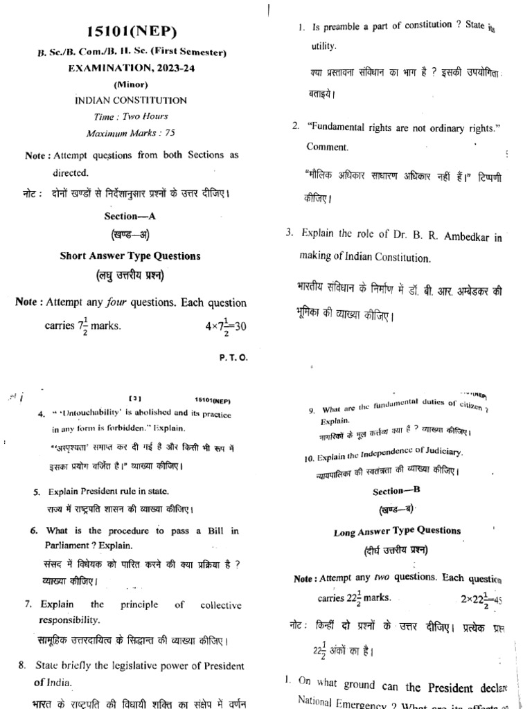 BSC Bcom BHSC 1 Sem Indian Constitution 15101 Nep 2024 | PDF