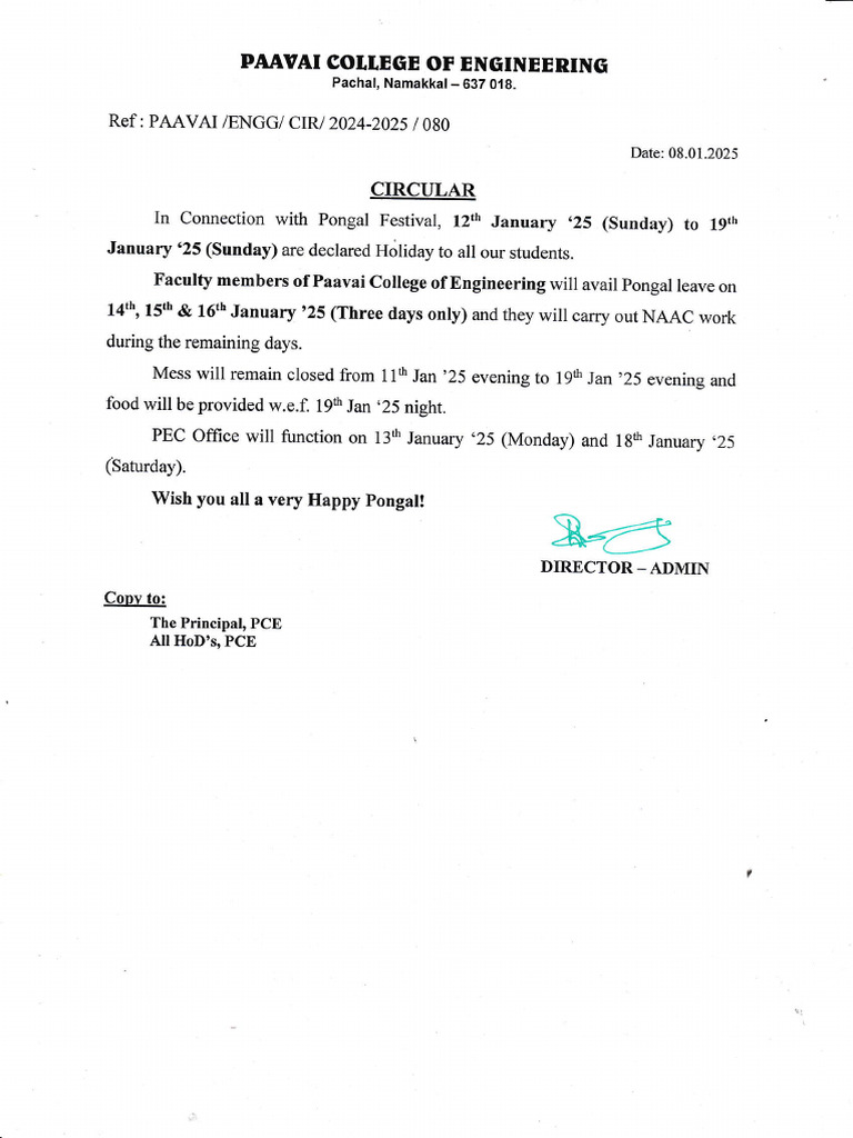 PCE Circular Holiday (08.01.25) | PDF