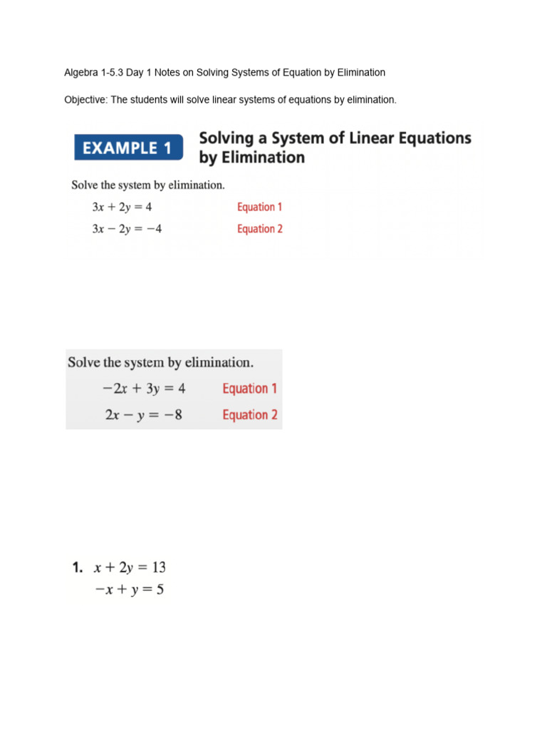 5.3 Day 1 Notes On Solving Systems of Equations by Elimination | PDF