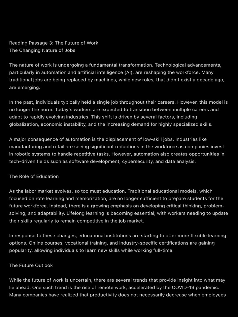 Reading Passage 3 The Future of Work | PDF | Automation | Learning