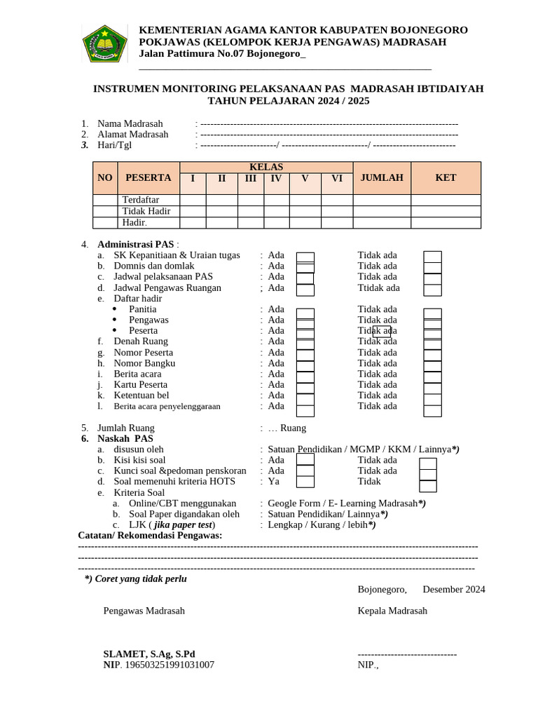 Pokjawas Instrumen Pas Mi 2024 Slamet | PDF