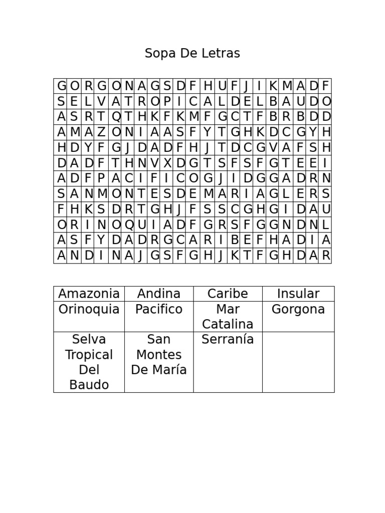 Sopa de Letras - Regiones de Colombia | PDF