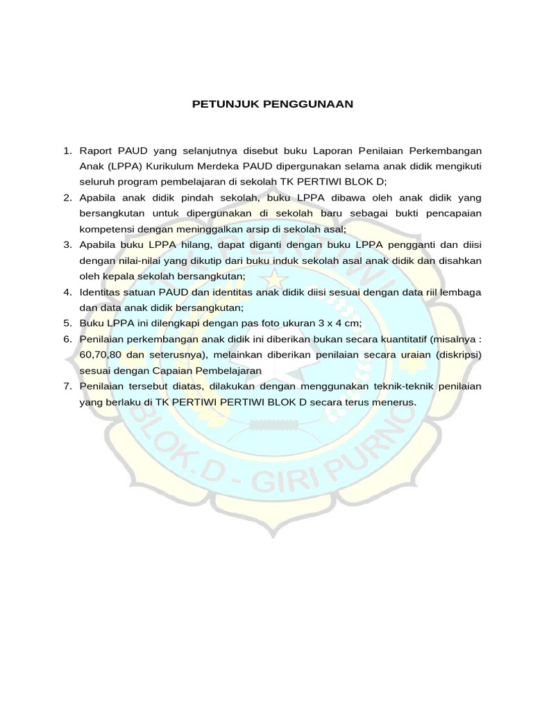 Rapot Kurikulum Merdeka Paud | PDF