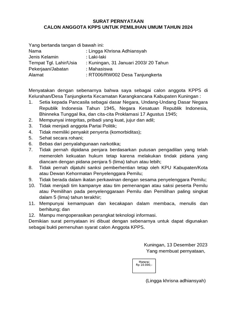 Surat Pernyataan KPPS Tanjungkerta | PDF