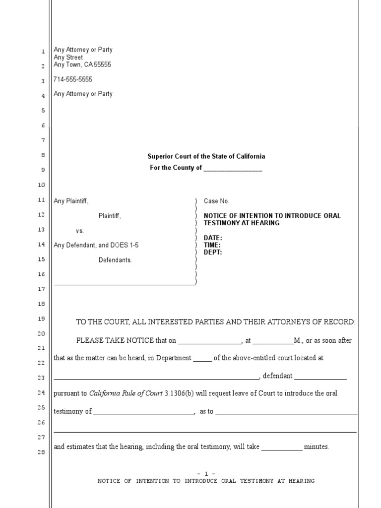 Sample Notice Of Intention To Introduce Oral Testimony For California Pdf