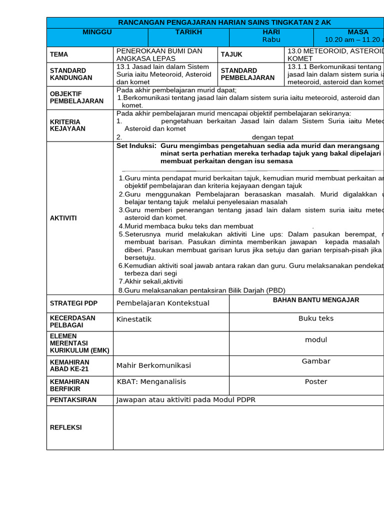 RANCANGAN PENGAJARAN HARIAN SAINS TINGKATAN 2 AK | PDF
