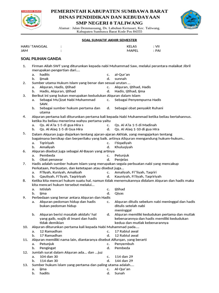 Soal Pai Kelas 7 Pas Ganjil 2024 | PDF