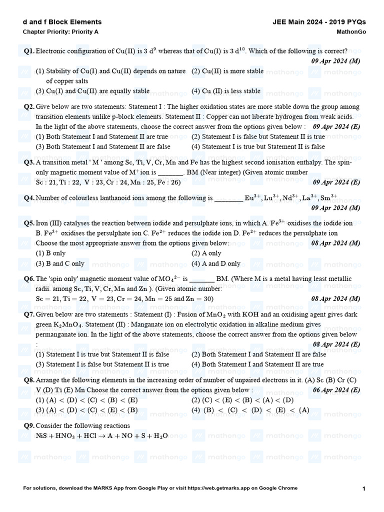 JEE Main 2024 Chemistry Practice | PDF | Manganese | Transition Metals
