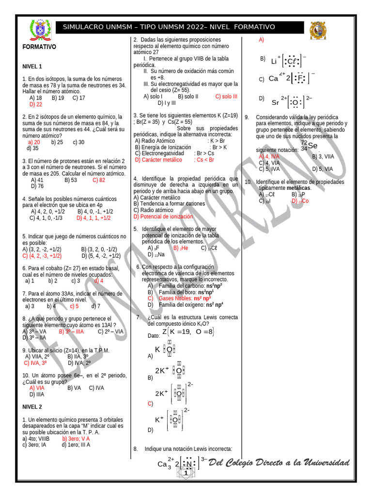 Formato Simulacro Secundaria 2022 | PDF | Isótopo | Neutrón