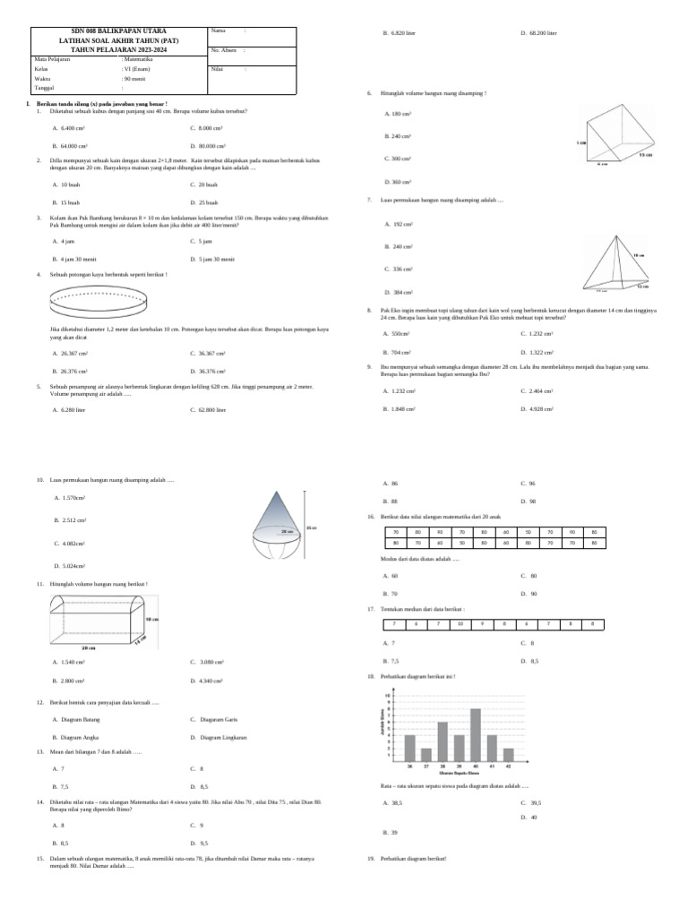 Latihan Soal Pat Matik KLS 6 | PDF