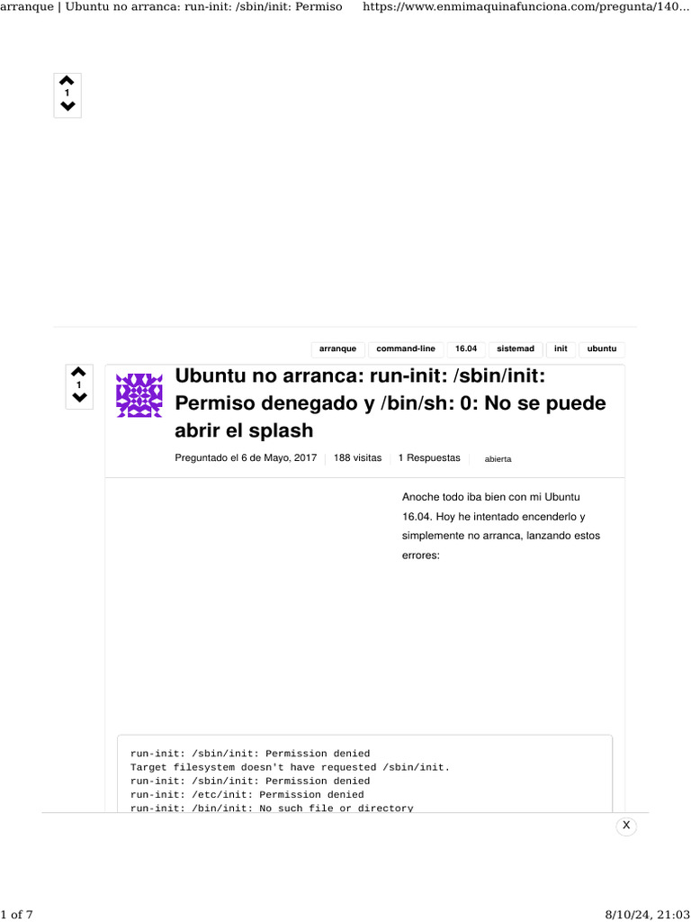 Arranque Ubuntu No Arranca Run-Init - Sbin - Init Permiso | PDF | Arranque | Interfaz de línea ...