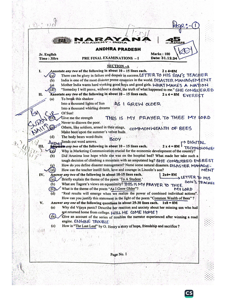 JR Inter English - Narayana Pre - Final Question Paper and Key - DT ...