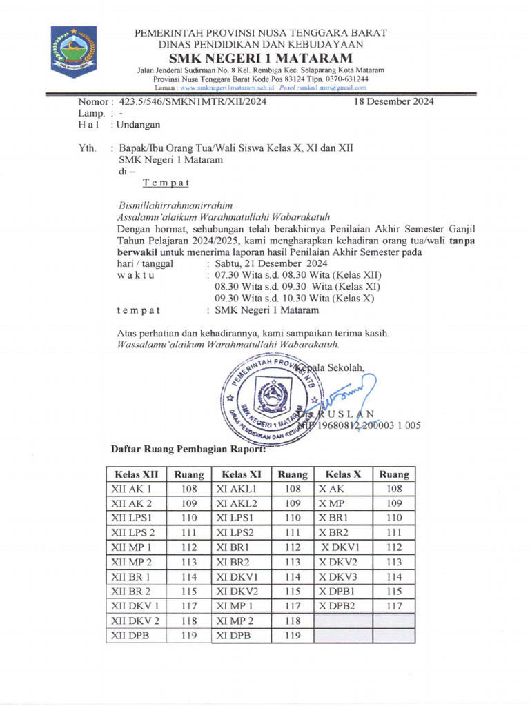 Surat Edaran Pembagian Rapot Sem 1 | PDF